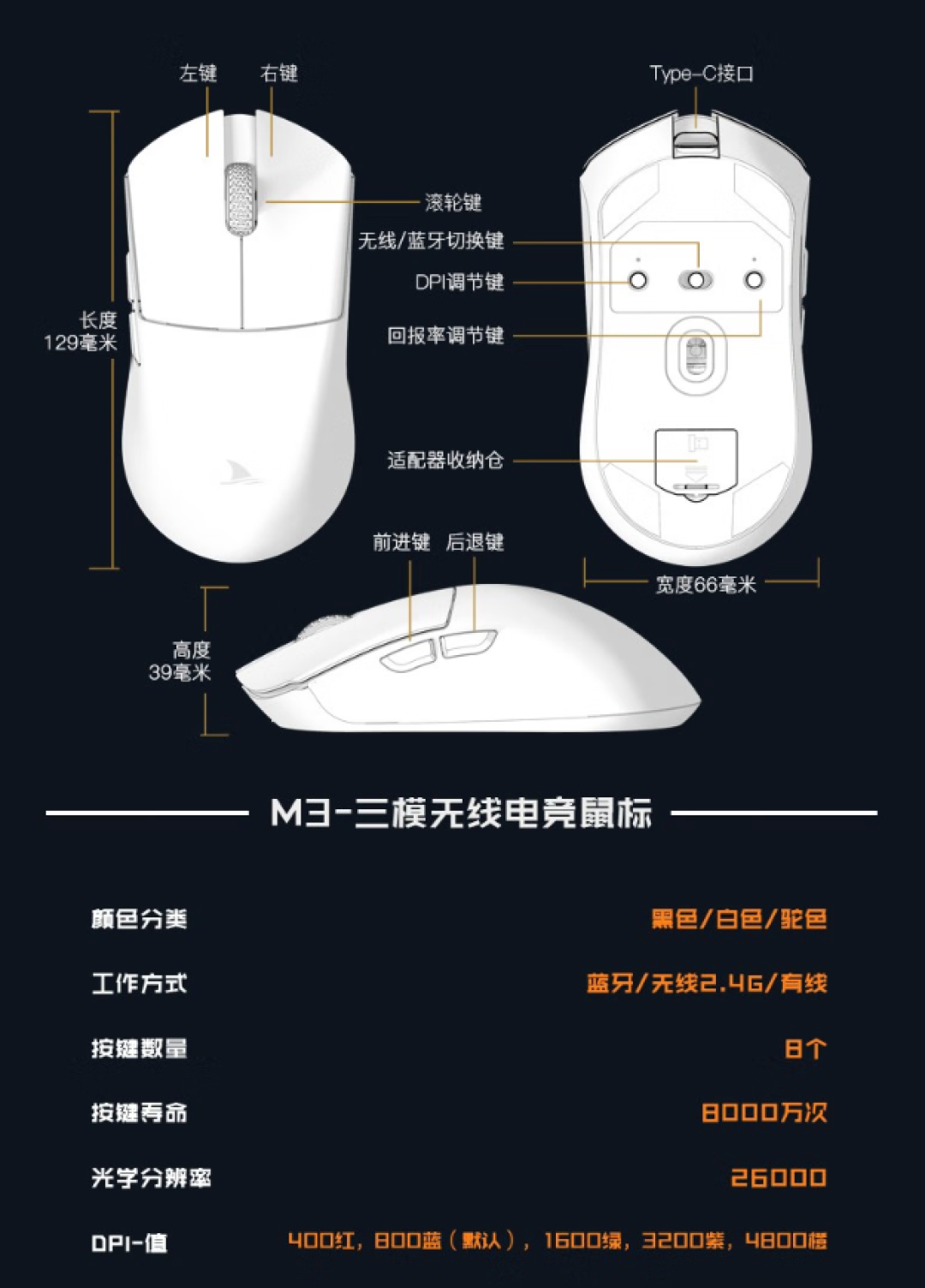 达摩鲨推出 M3 游戏鼠标：三模、58g轻量化、搭PAW3395319元_鼠标_什么值得买