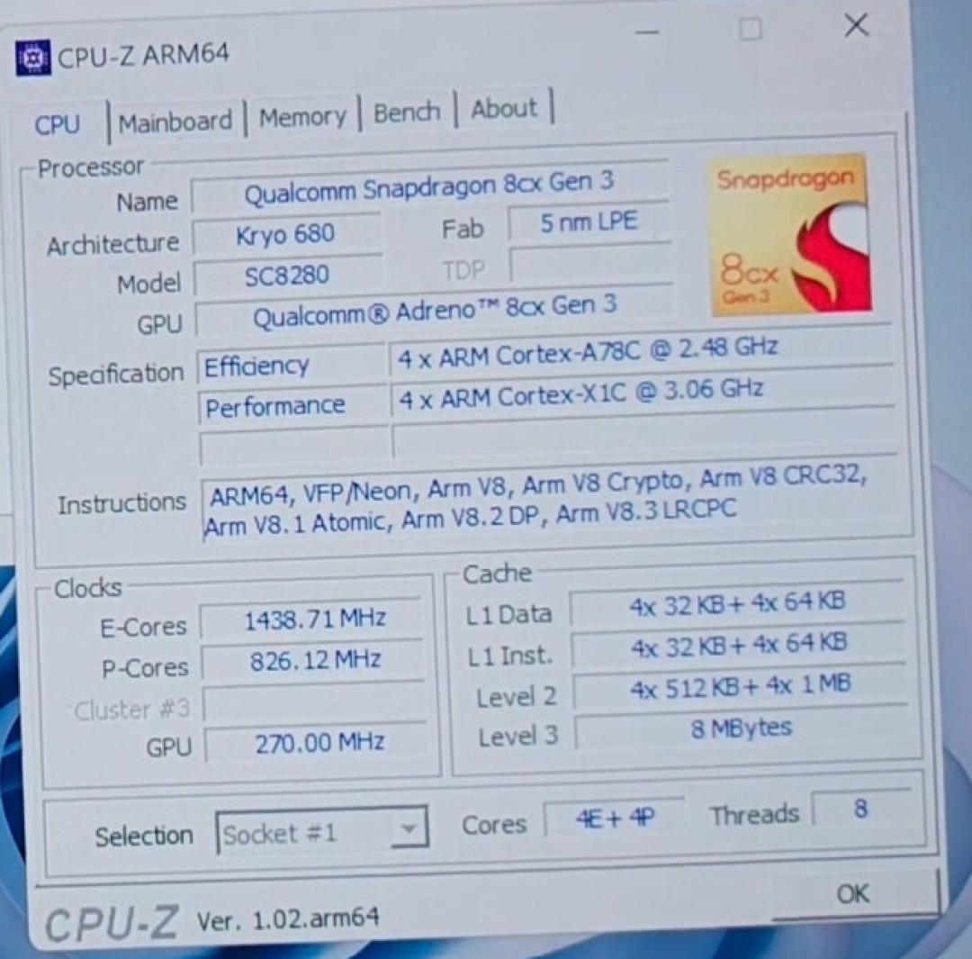 高通骁龙 8cx Gen 3 的 CPU-Z 性能出炉，能效比优秀，为对抗苹果 MacBook_CPU_什么值得买