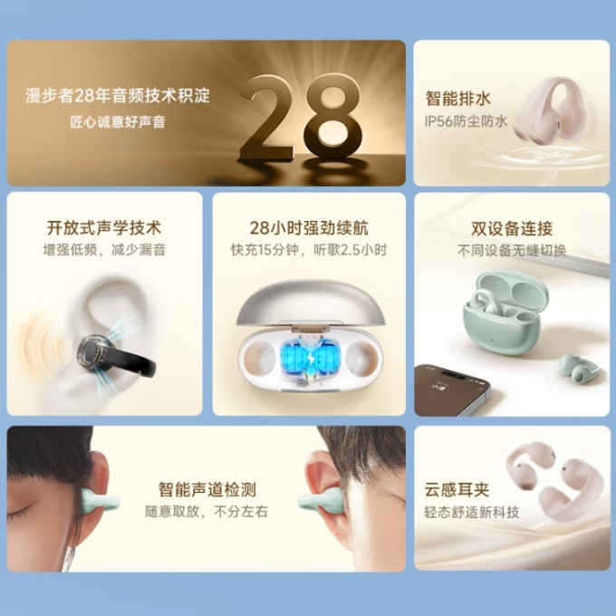 漫步者蓝牙耳机怎么样 舒适云感，听见自然：漫步者 Comfo Clip 开放式真无线蓝牙耳机上架，319元_什么值得买